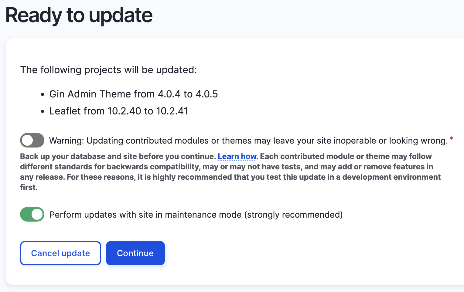 UI/UX of the "Ready to update" Warning toggle [#3508094] | Drupal.org